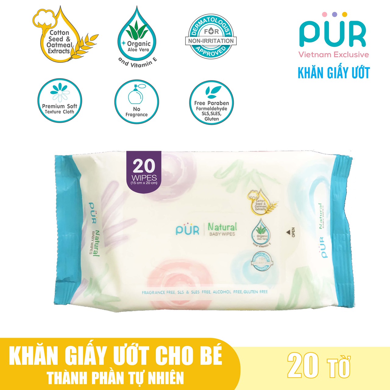Khăn Giấy Ướt Cho Bé Sơ Sinh Chiết Xuất Nha Đam Organic Pur Natural (g/20m)