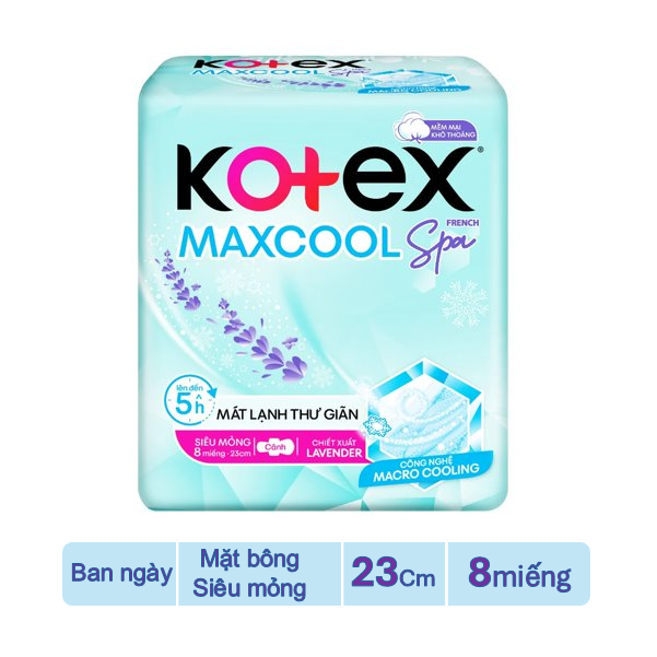 Băng vệ sinh Kotex Max Cool French Spa 23cm siêu mỏng cánh (Gói 8 miếng)