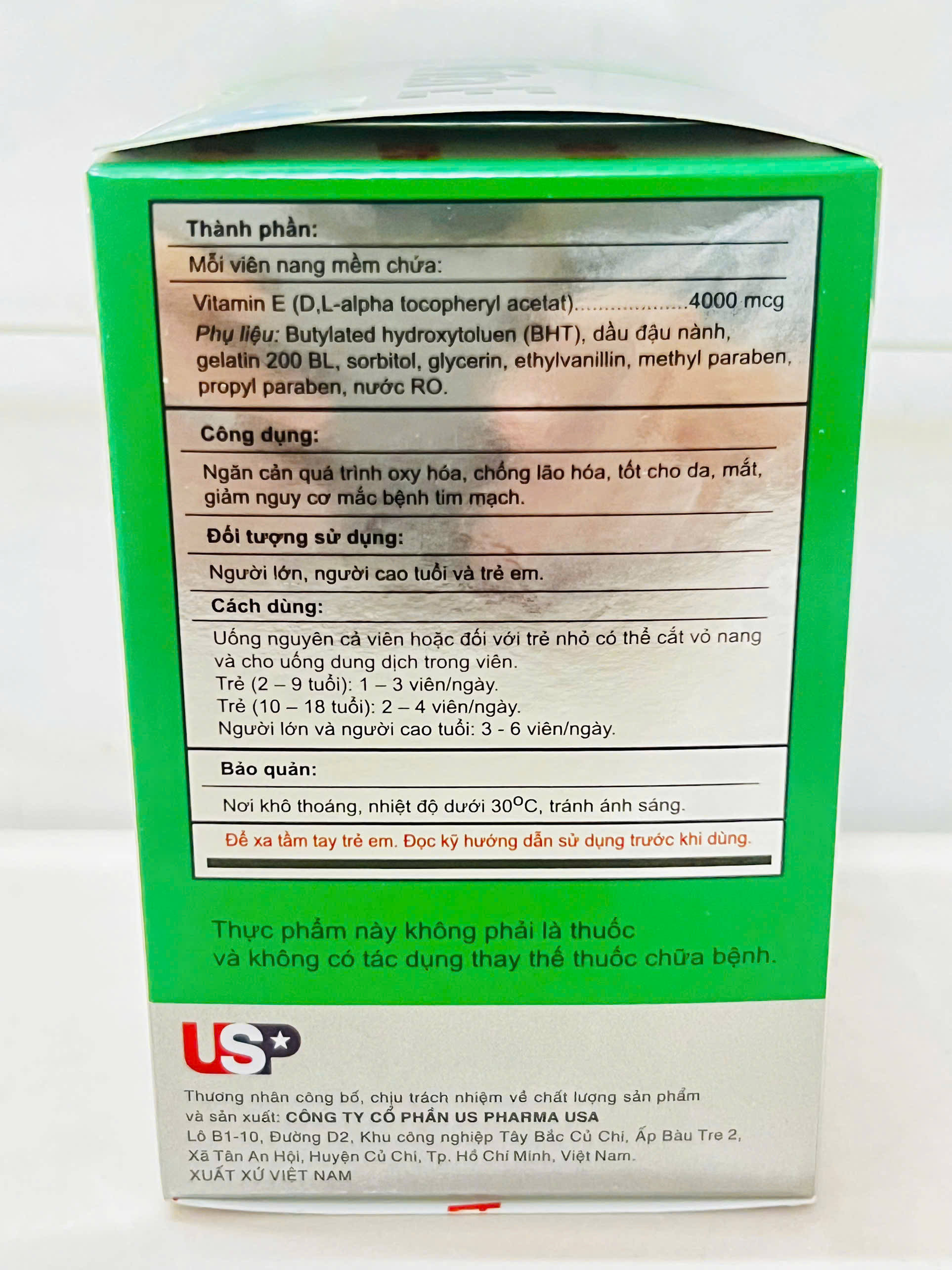 Bổ sung vitamin E Vita E US Pharma USA (Hộp 100 viên)