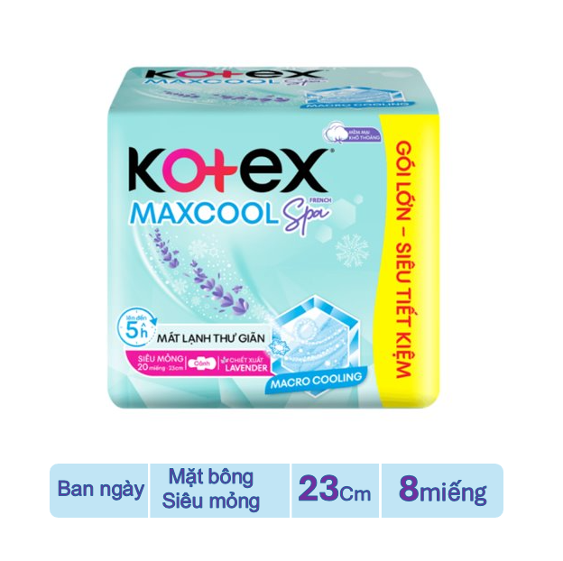 Băng vệ sinh Kotex Max Cool French Spa 23cm siêu mỏng cánh (Gói 8 miếng)