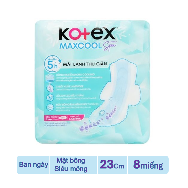 Băng vệ sinh Kotex Max Cool French Spa 23cm siêu mỏng cánh (Gói 8 miếng)