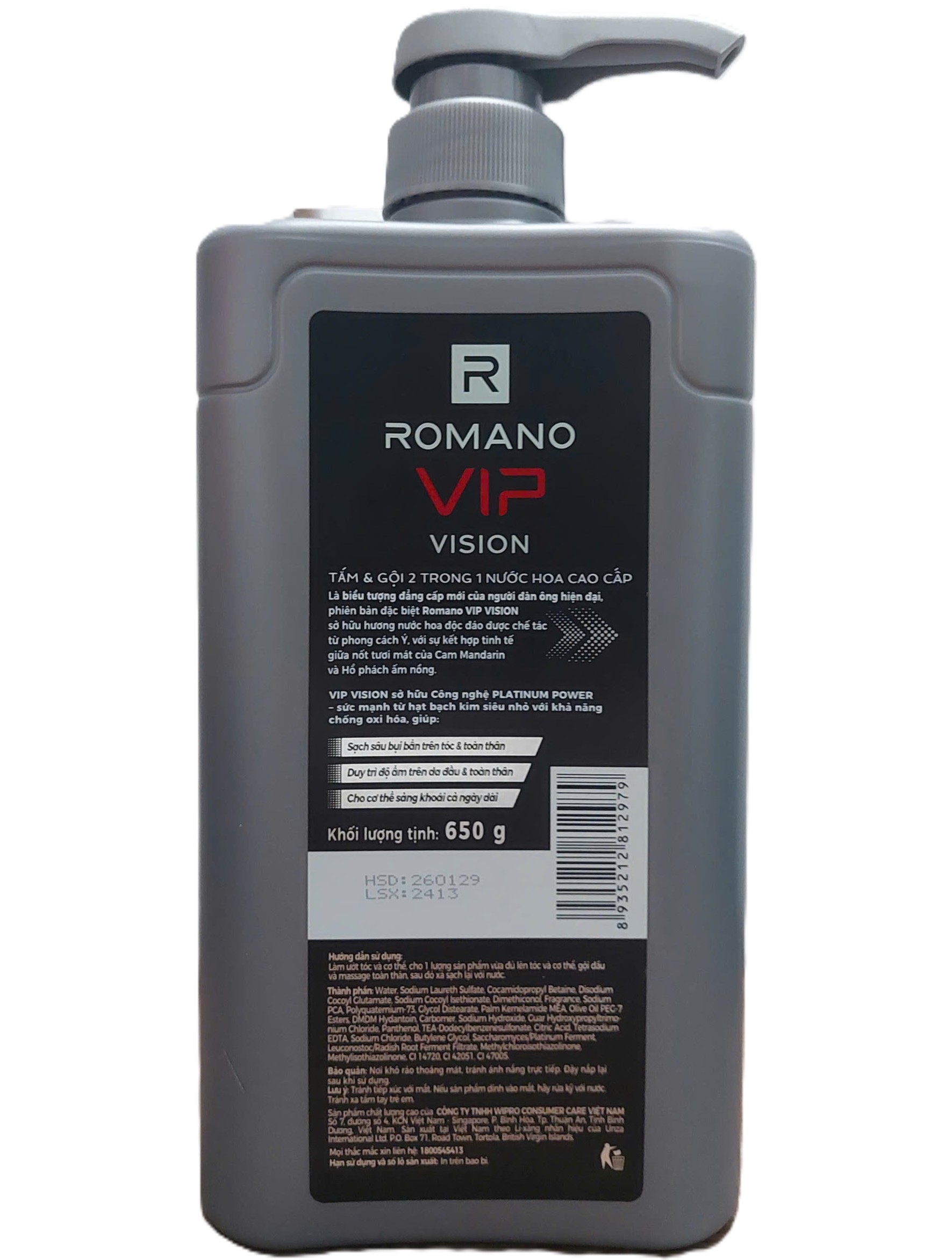 Tắm gội 2in1 Romano VIP Vision (Chai 650 gram)